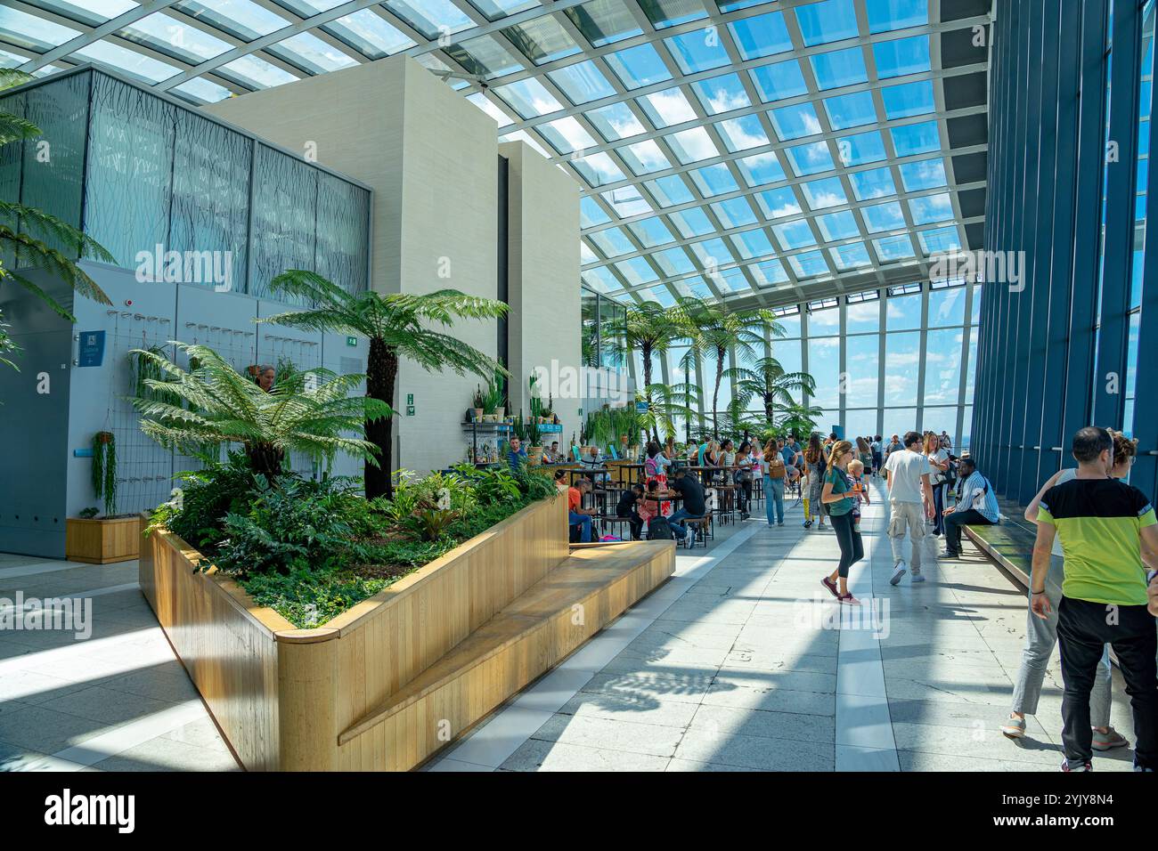 Interior of the sky garden building in the food court and balcony with ...