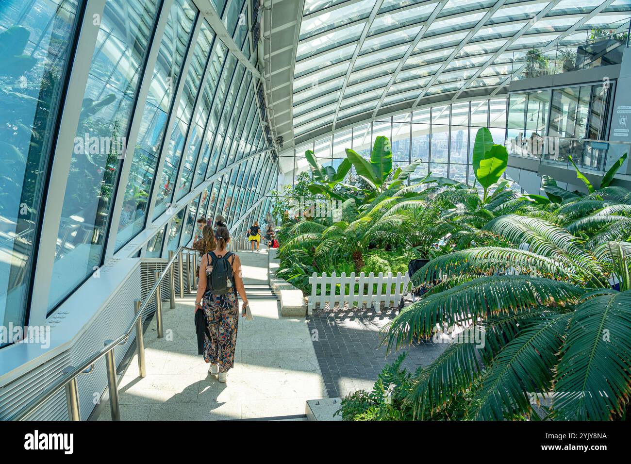Interior of the sky garden building in the food court and balcony with ...