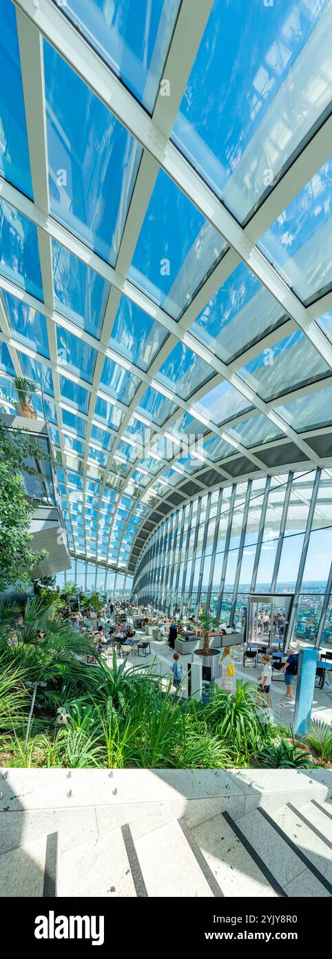 Interior of the sky garden building in the food court and balcony with ...