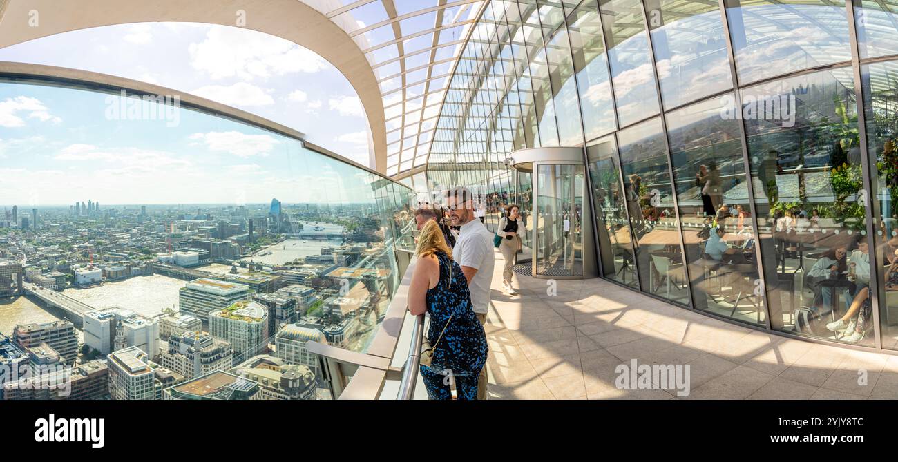 Interior of the sky garden building in the food court and balcony with ...