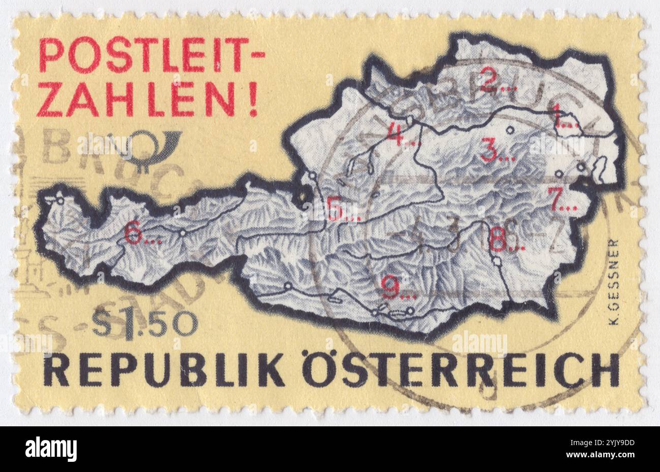 AUSTRIA - 1966 January 14: An 1.50 shillings yellow, red and black ...