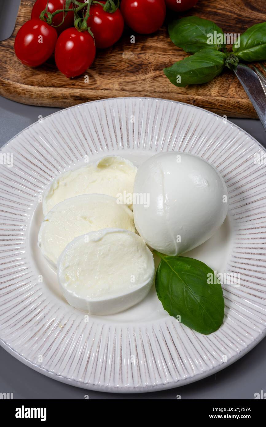 Tasty italian food, fresh white buffalo milk mozzarella soft cheese ...