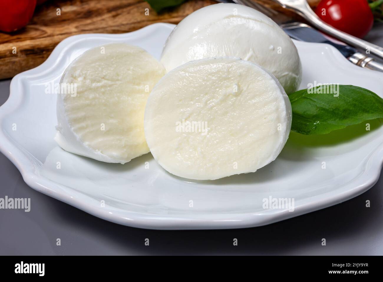 Tasty italian food, fresh white buffalo milk mozzarella soft cheese ...