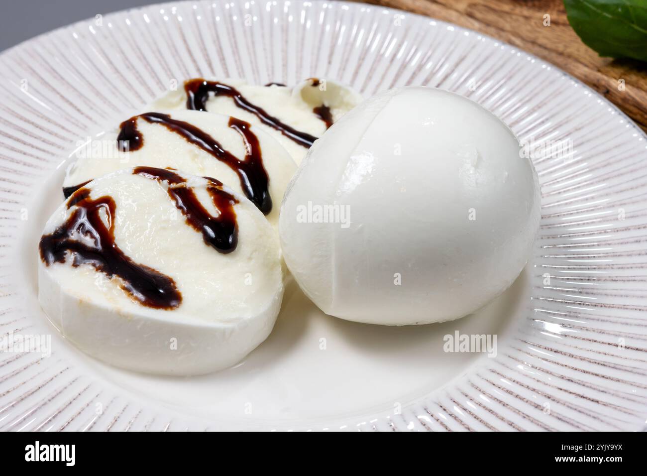 Tasty italian food, fresh white buffalo milk mozzarella soft cheese ...