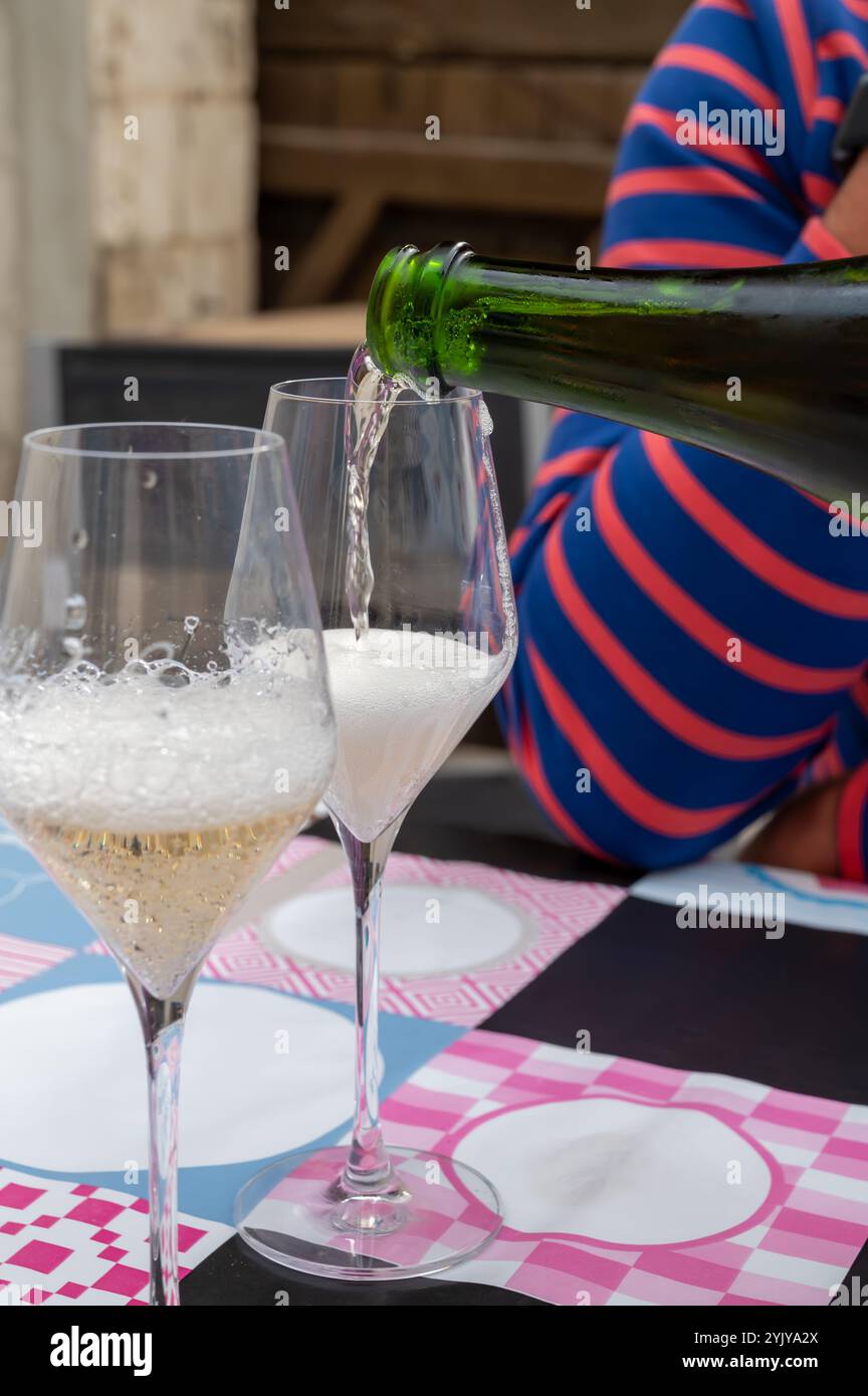 Tasting in small winery of brut and reserve grand cru champagne sparkling wine produced by ...