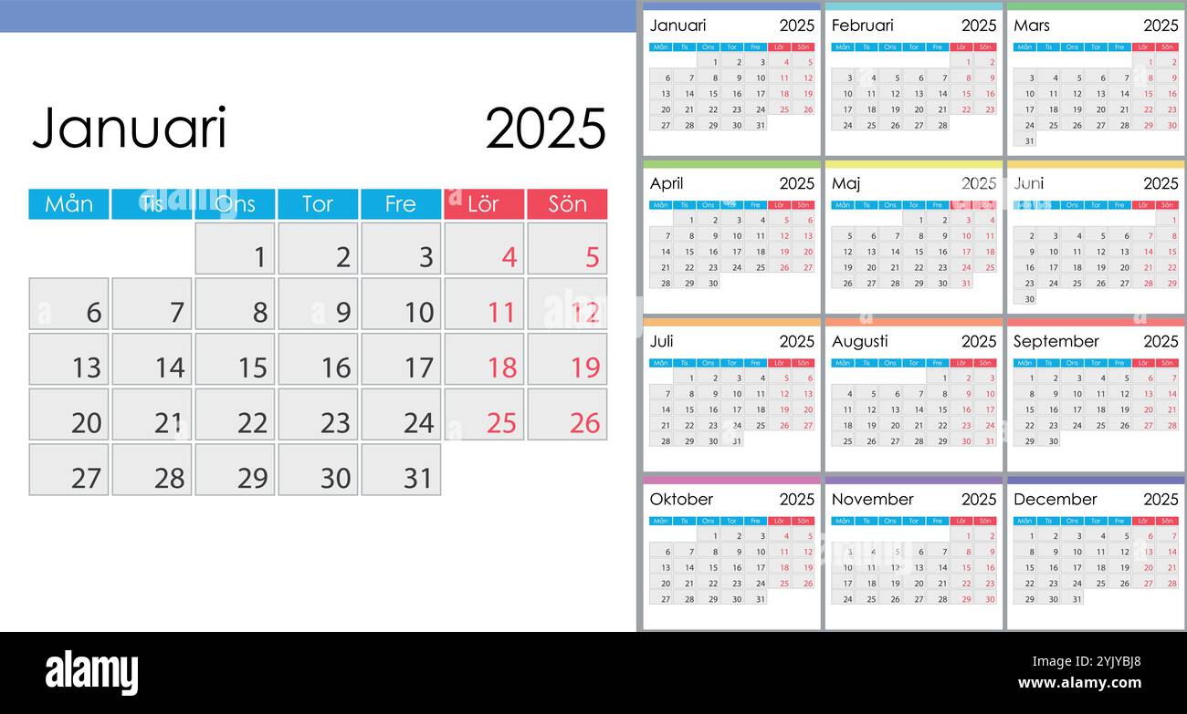 Calendar 2025 on Swedish language, week start on Monday. Layout with ...