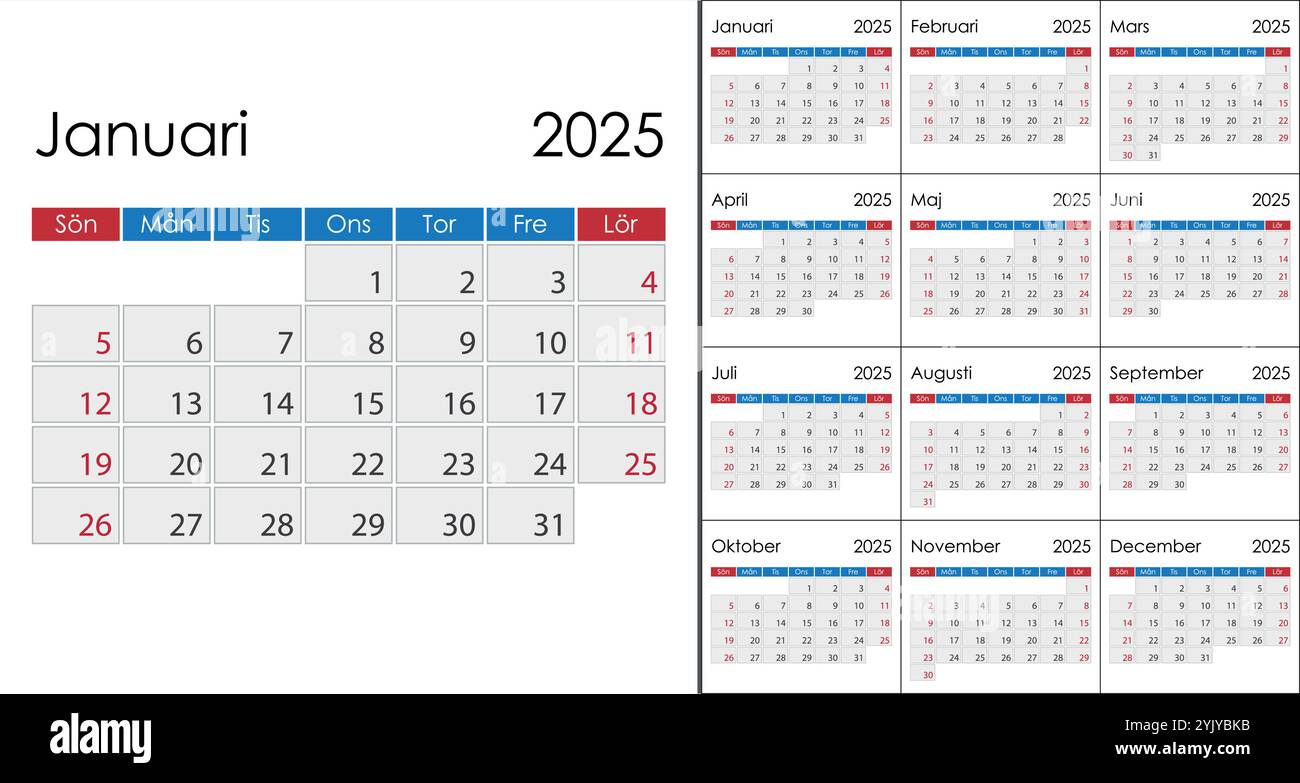 Calendar 2025 on Swedish language, week start on Sunday. Layout with ...