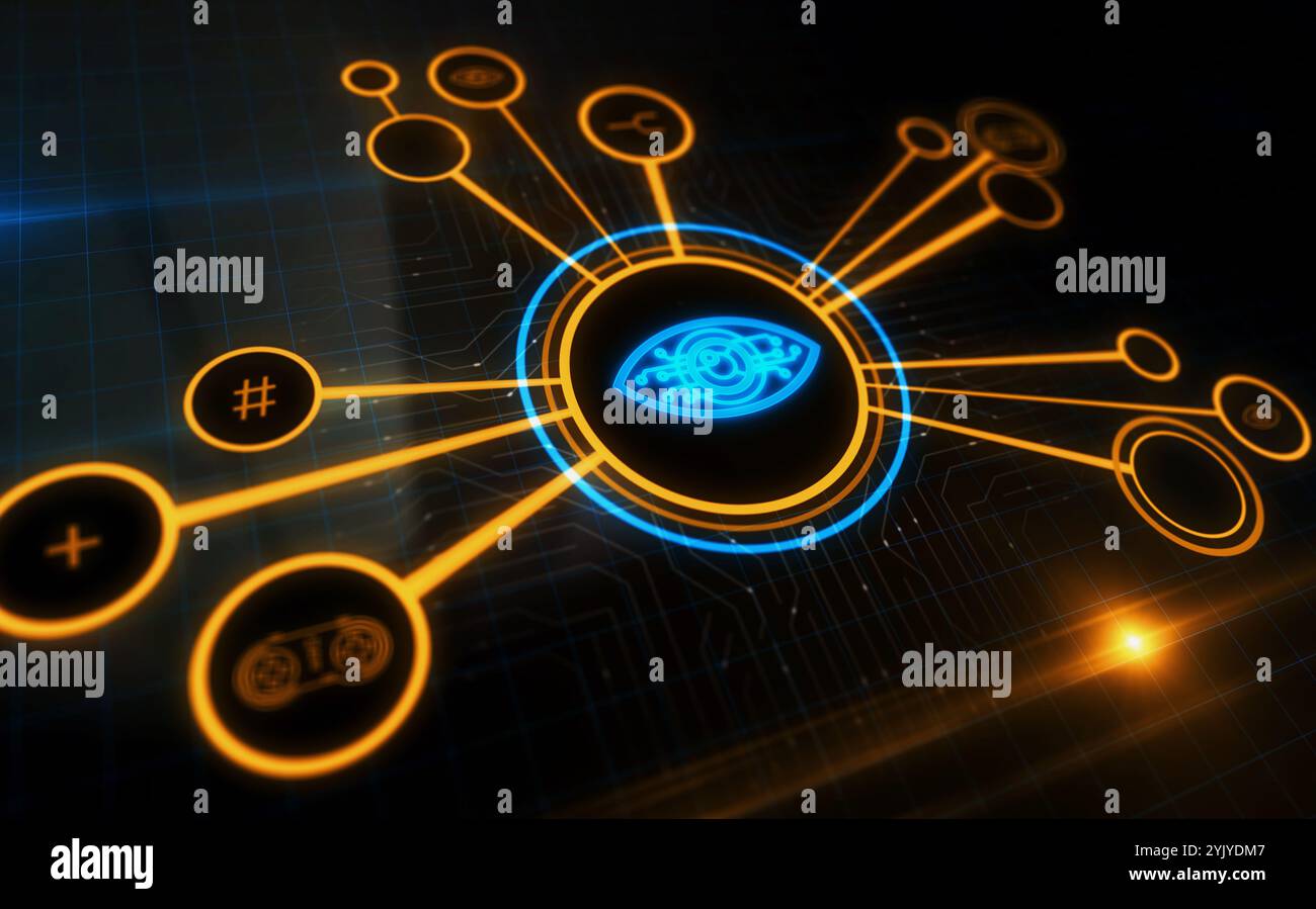 Cyber eye spying and security control symbol digital concept. Network ...