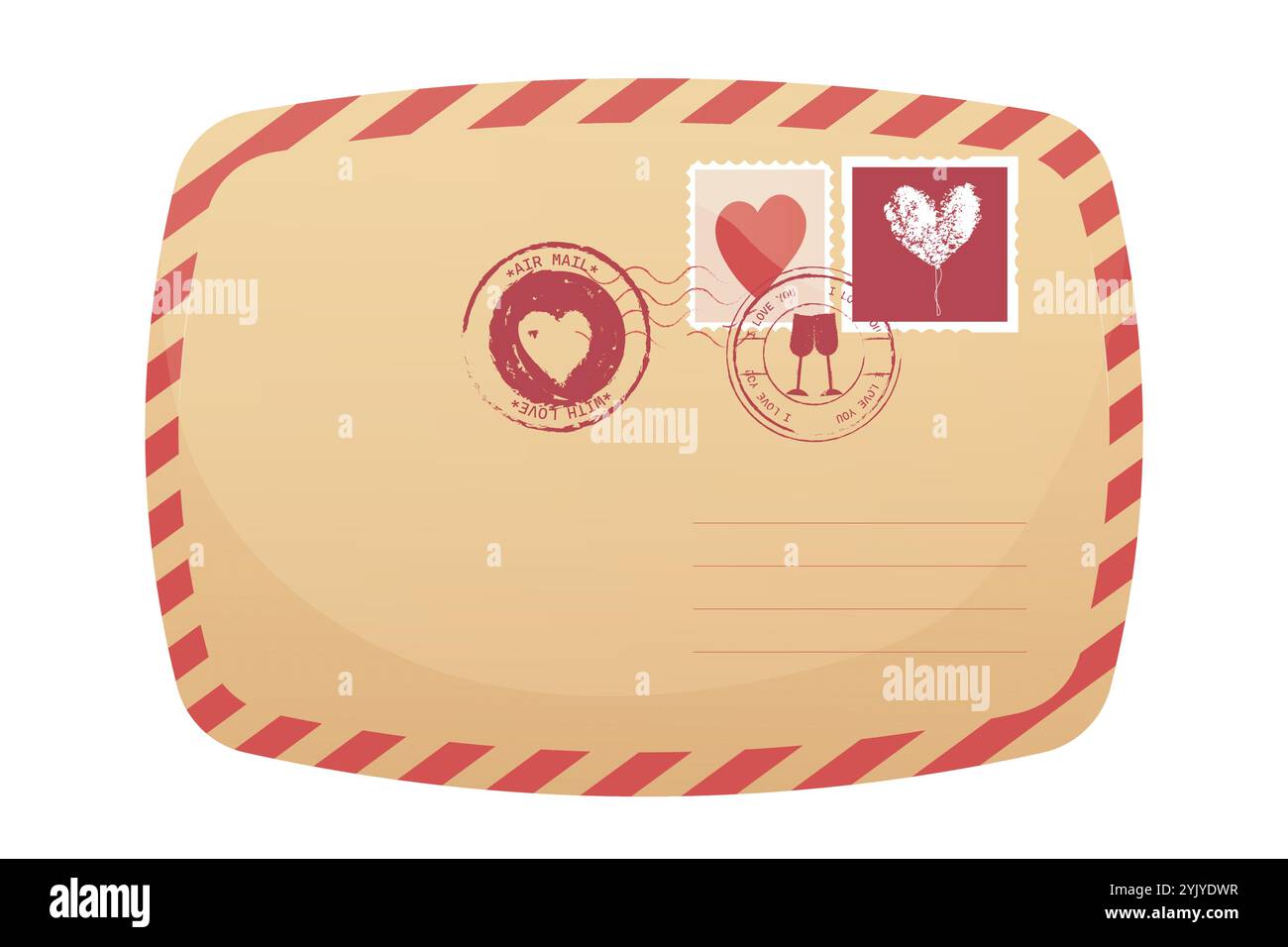Love letter air mail, retro envelope with heart stamps, marks isolated ...