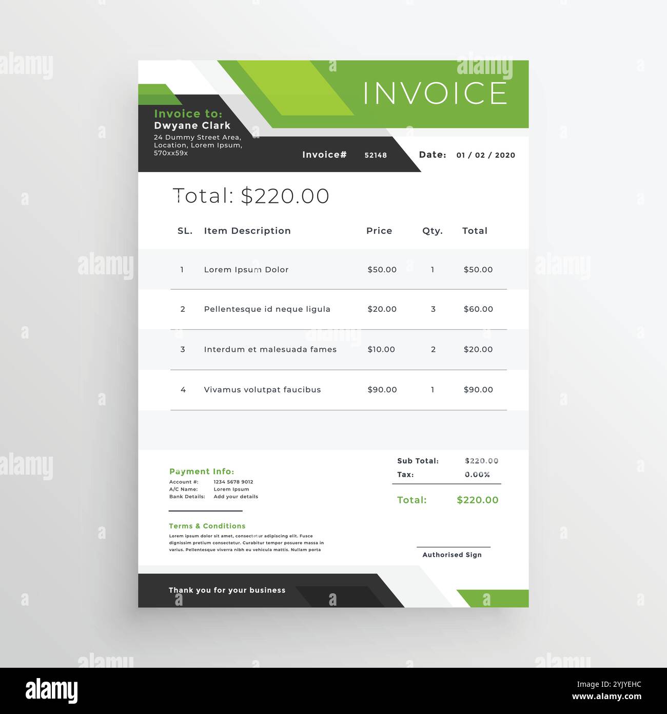 green business invoice template design Stock Vector Image & Art - Alamy
