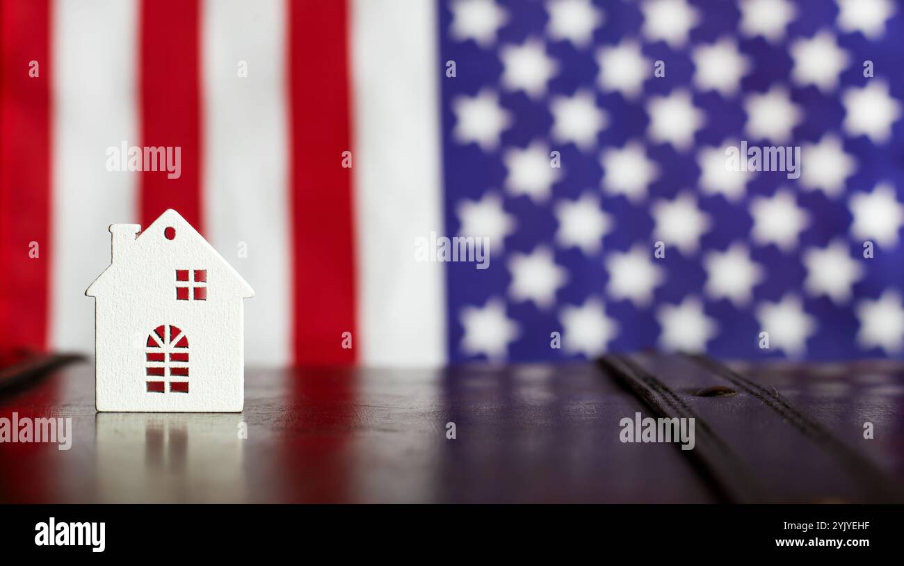 White color house shape and flag. US citizenship, immigration ...