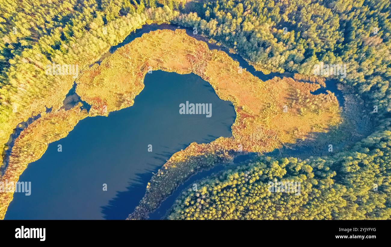 Aerial view of the lake in Lithuanian forests, autumn wildlife. Name of ...