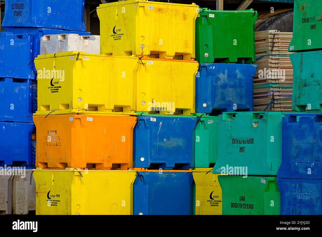 Peterhead Aberdeenshire Scotland the harbour a stack of coloured fish ...