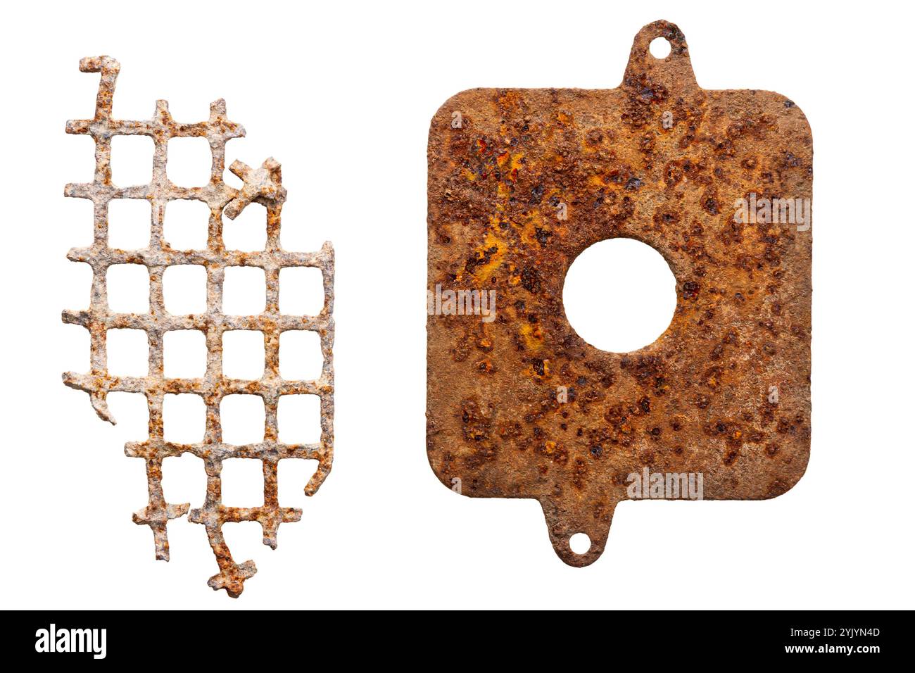 Two pieces of rusty metal isolated on a white background Stock Photo ...
