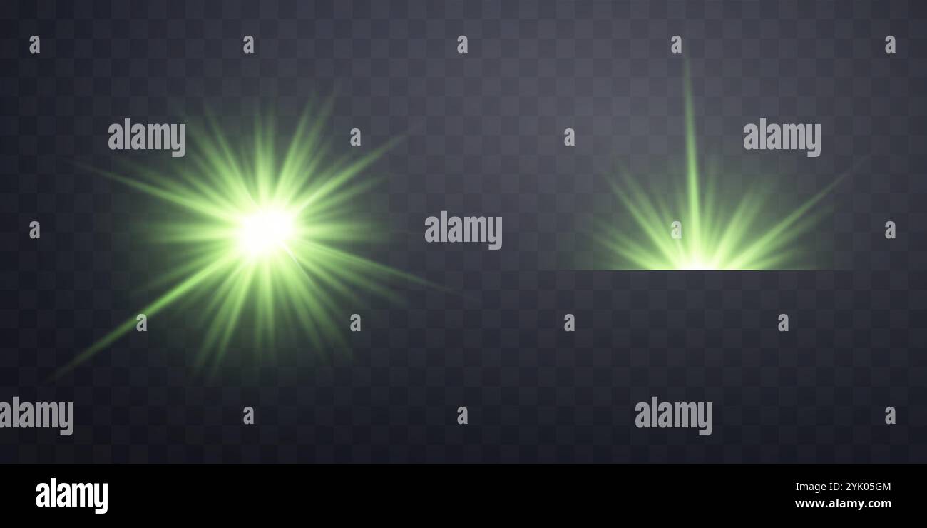 Green horizontal lensflare. Light flash with rays or green spotlight ...