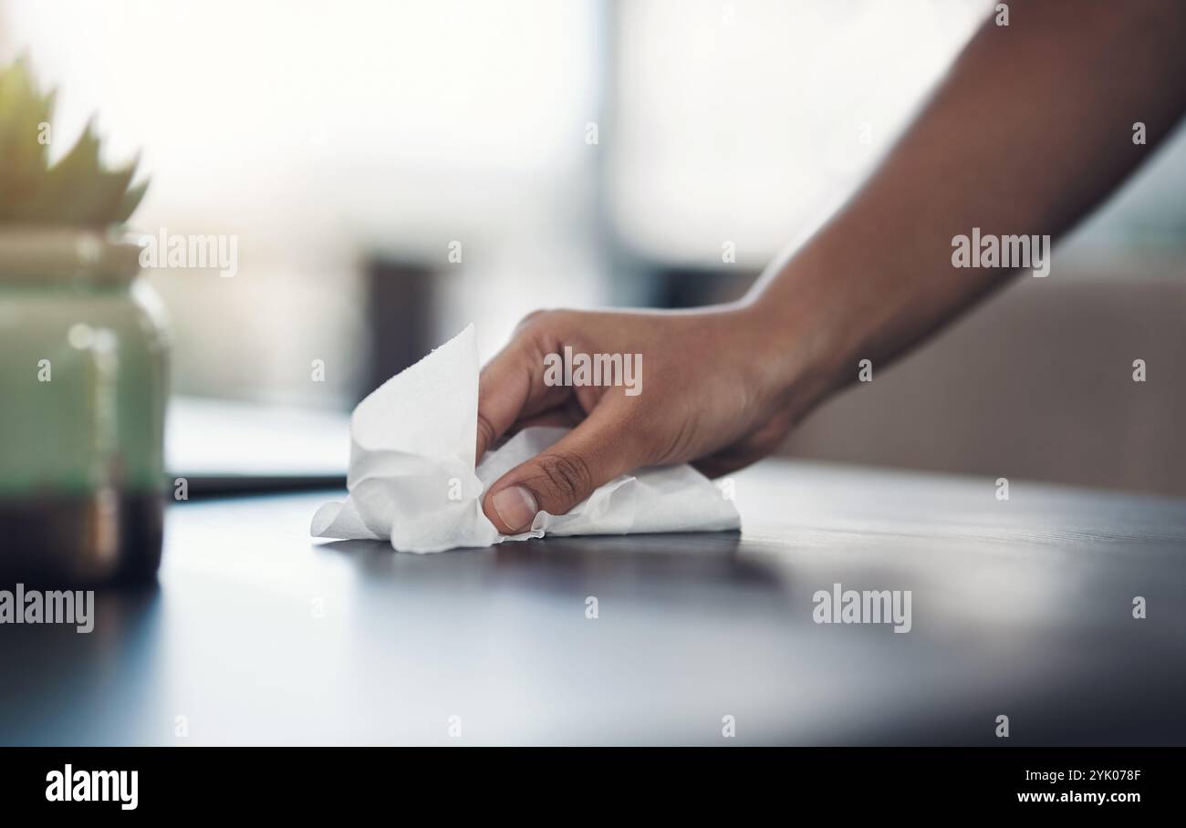 Person, office and hands to wipe desk, employee and disinfection of ...