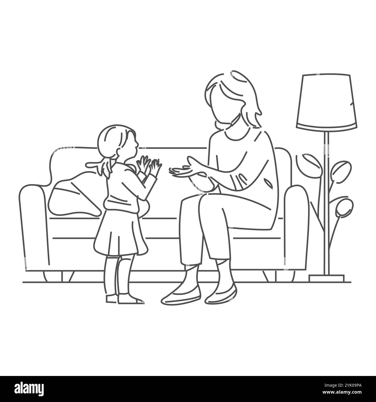 One single line drawing of young mother giving a high five to her son ...