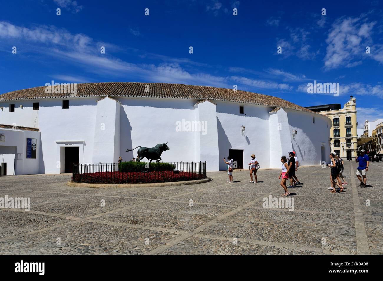 Statue of the El Toro bull outside the 18th centuary Bullring of the ...