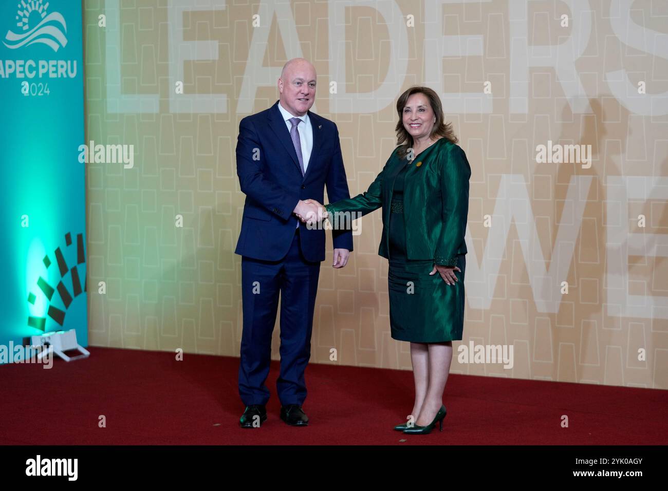 Peru's President Dina Boluarte, right, welcomes New Zealand's Prime ...