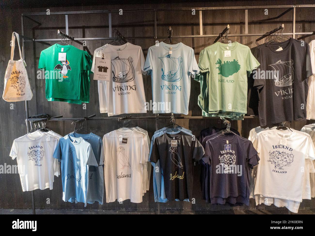 Tee shirts on display at a souvenir shop in Reykjavík, Iceland Stock ...