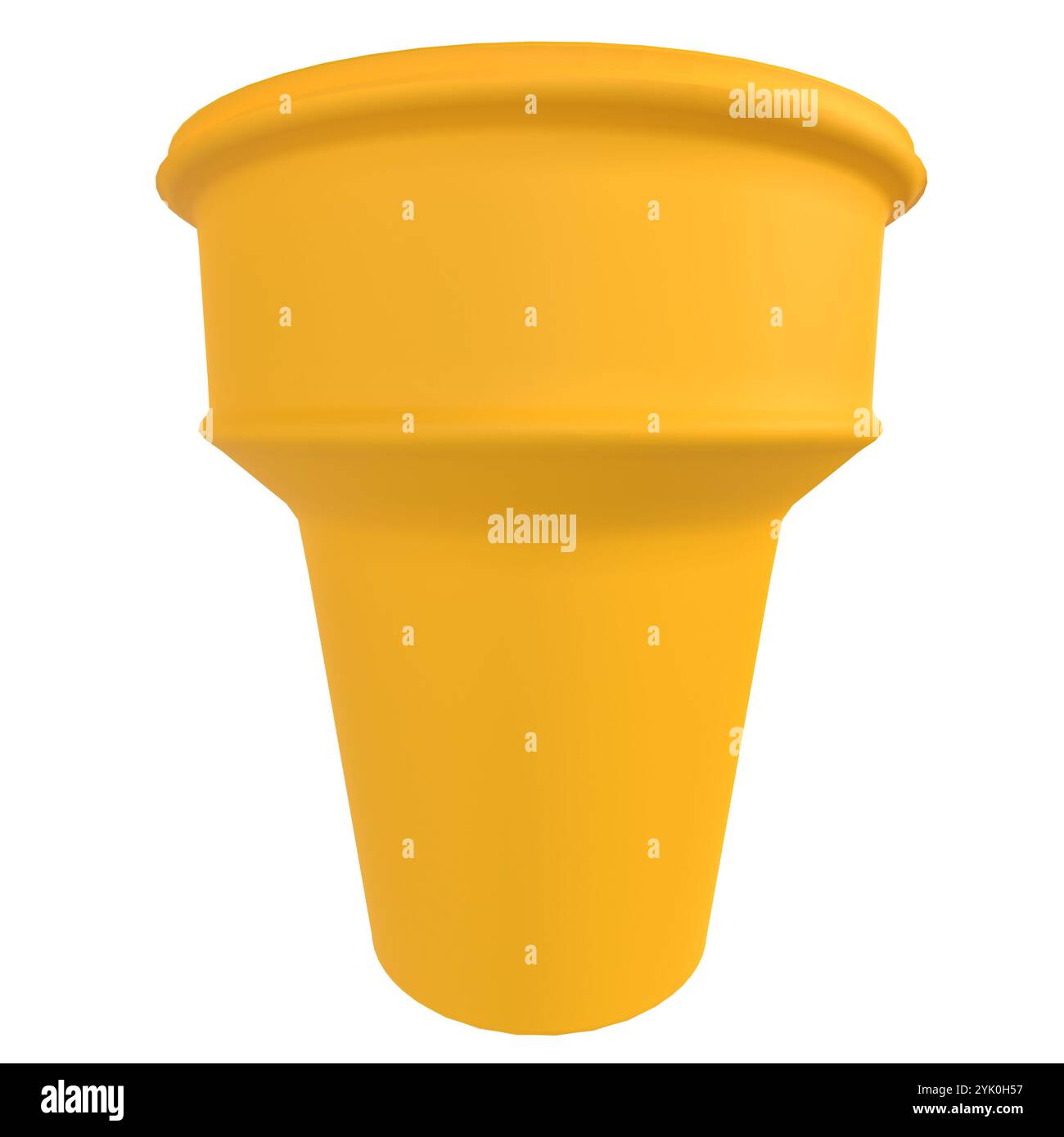 A bright yellow plastic cone designed for indicating hazardous areas ...