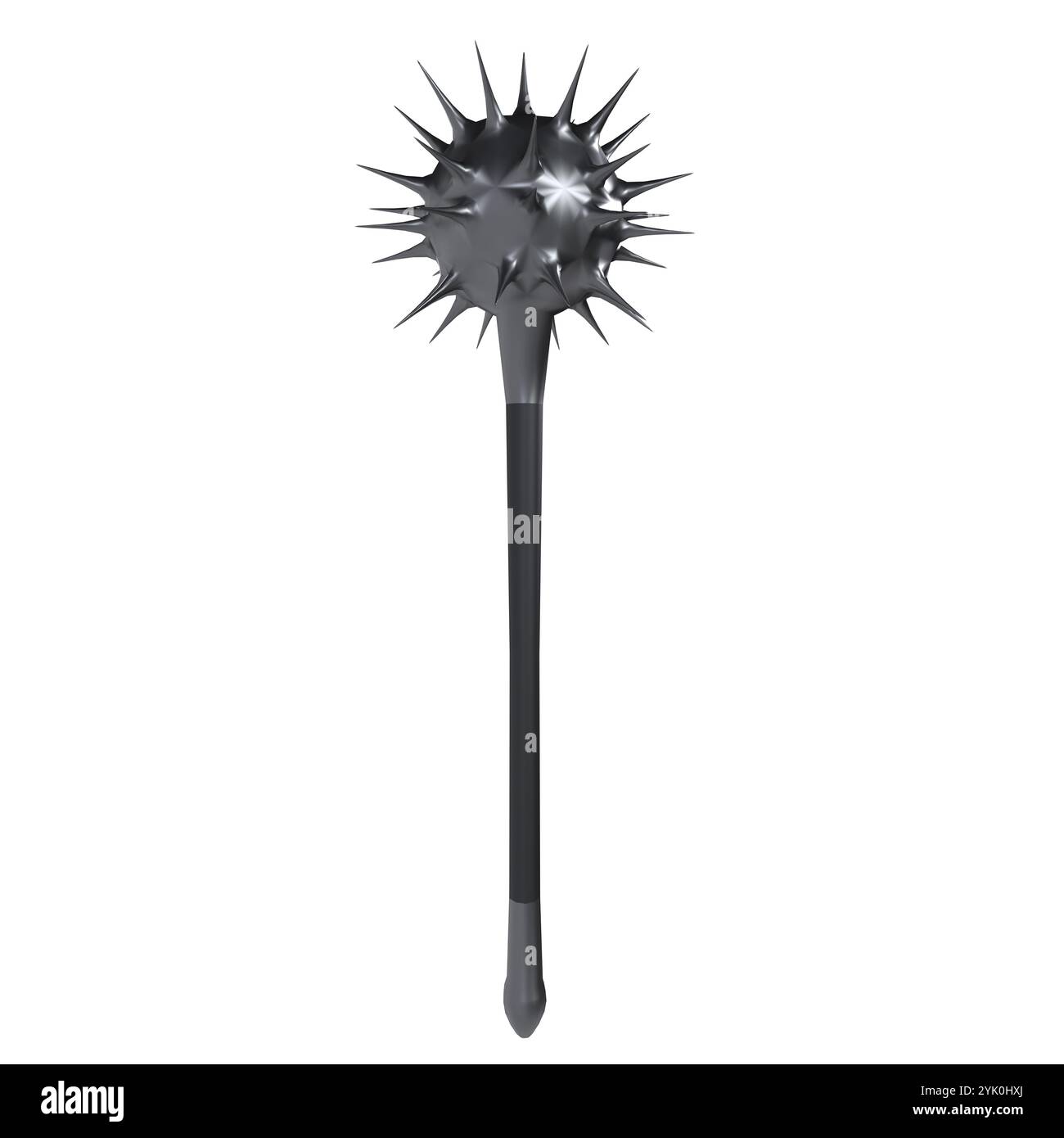 The spiked mace features a sturdy handle and a spherical head covered ...