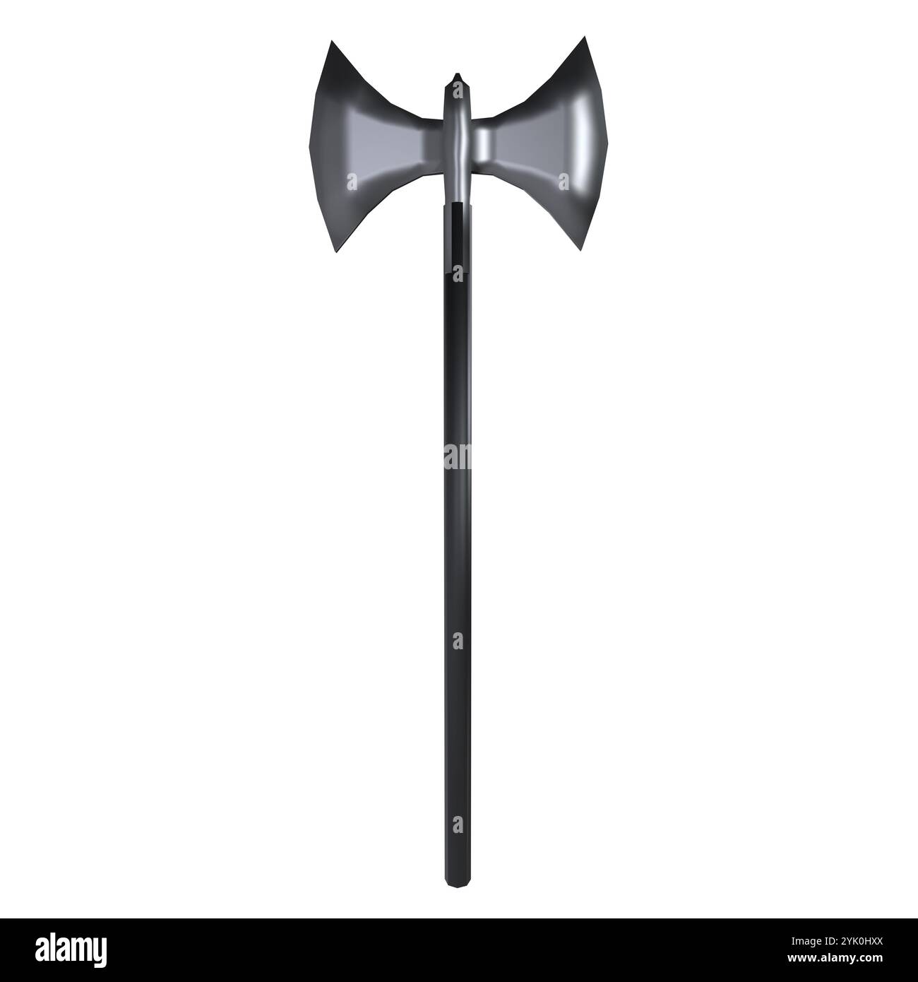 The axe features two sharp blades and a long wooden handle, ready for ...