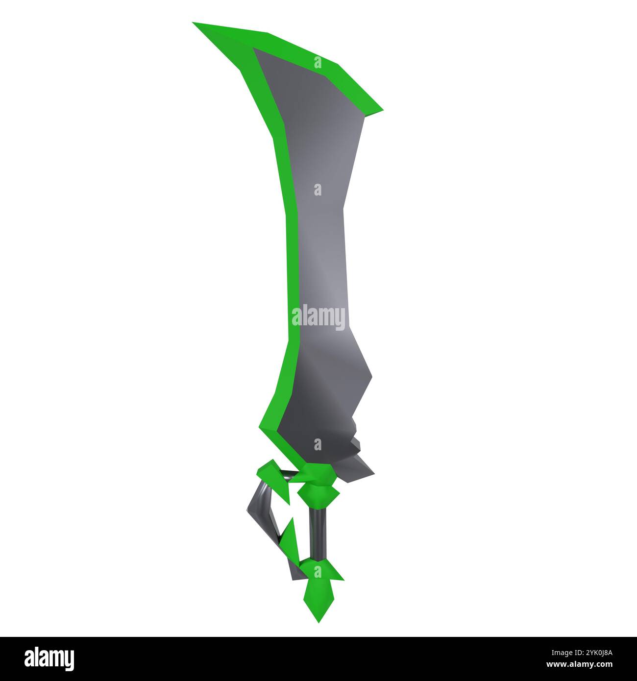 A sharp, stylized sword featuring a green outline rests upright ...