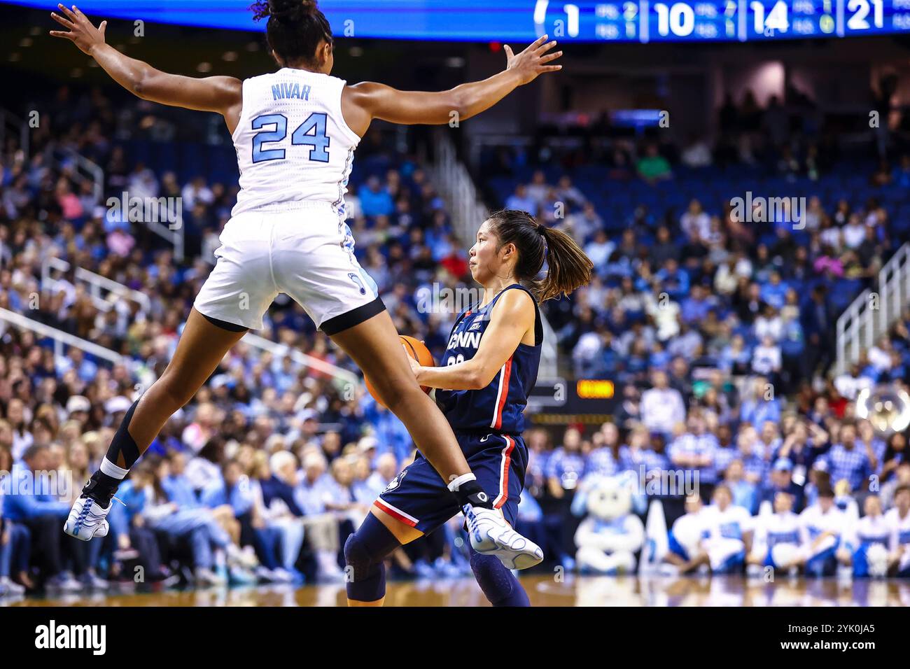 November 15, 2024: North Carolina guard Indya Nivar (24) jumps in front ...