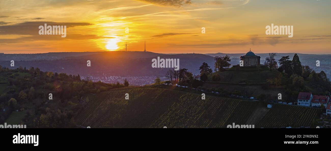 Sunset at the burial chapel on the Wuerttenberg, the television tower ...