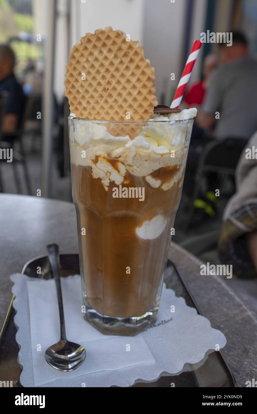 Ice cream cafe with waffle, served in a garden cafe, Bavaria, Germany ...