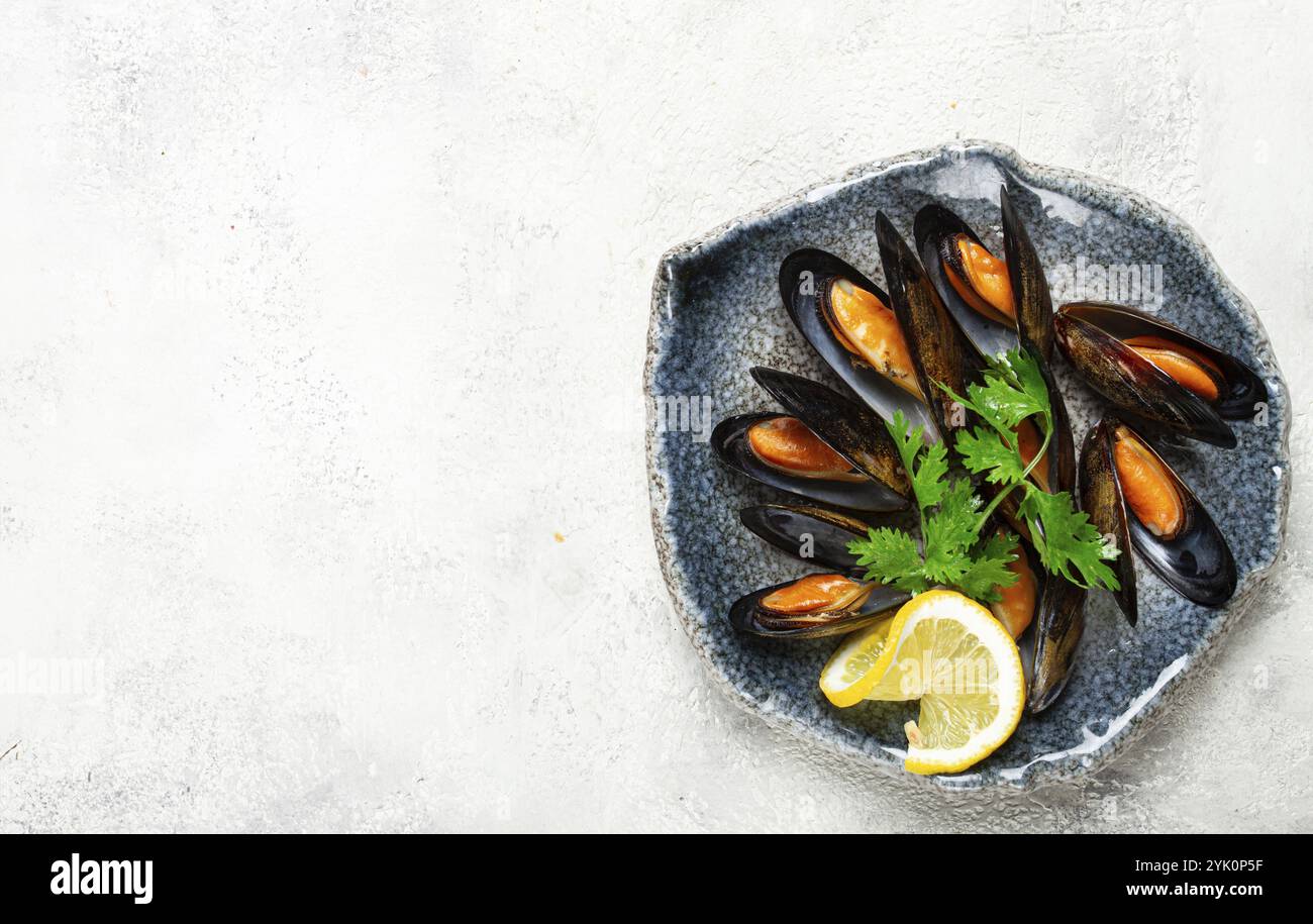 Mussels in shells, boiled in their own juice, in a bowl, gray ...