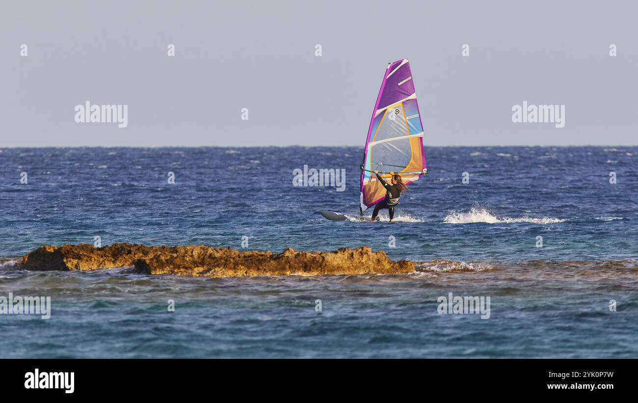 A windsurfer shows manoeuvres near a rocky coast, windsurfer, Meltemi ...