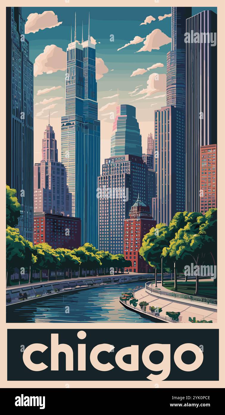 Chicago, USA travel destination poster vector art Stock Vector Image ...