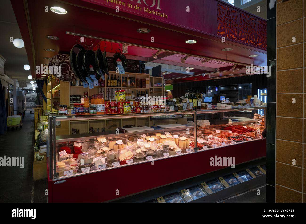 Interior view of market hall, Spanish specialities, butcher's shop ...