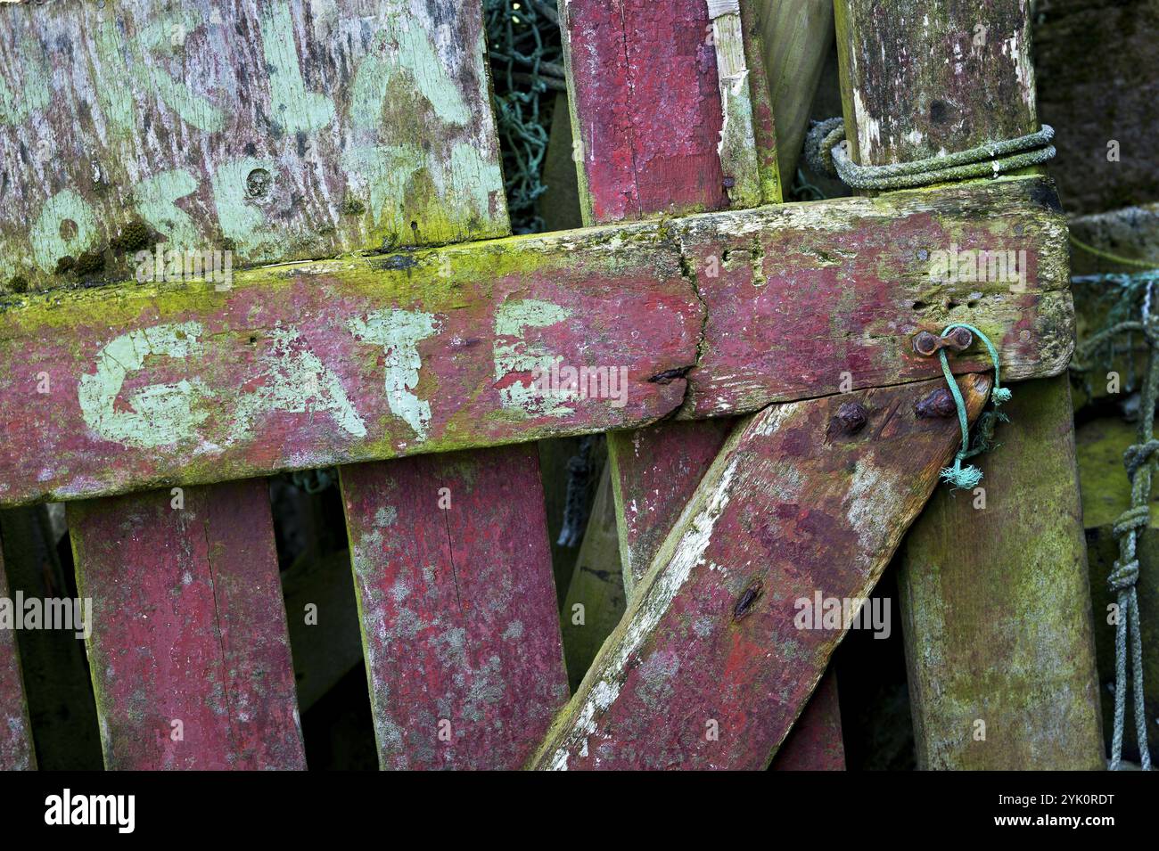 Old green and red garden gate with inscription Gate, Mykines, Utoyggjar ...