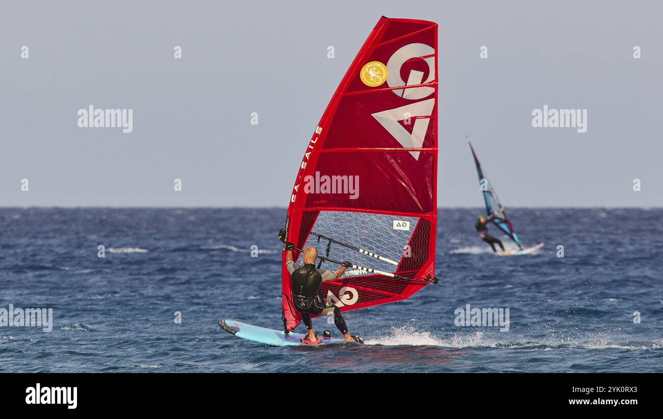 A windsurfer with a red sail surfs over the blue sea, windsurfer ...