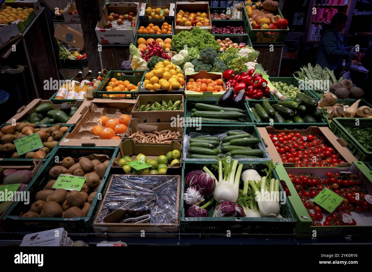Interior view market hall, vegetable stall, vegetables, food market ...