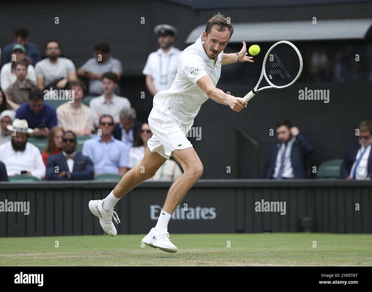 Russian tennis player Daniil Medvedev in action at the 2024 Wimbledon ...