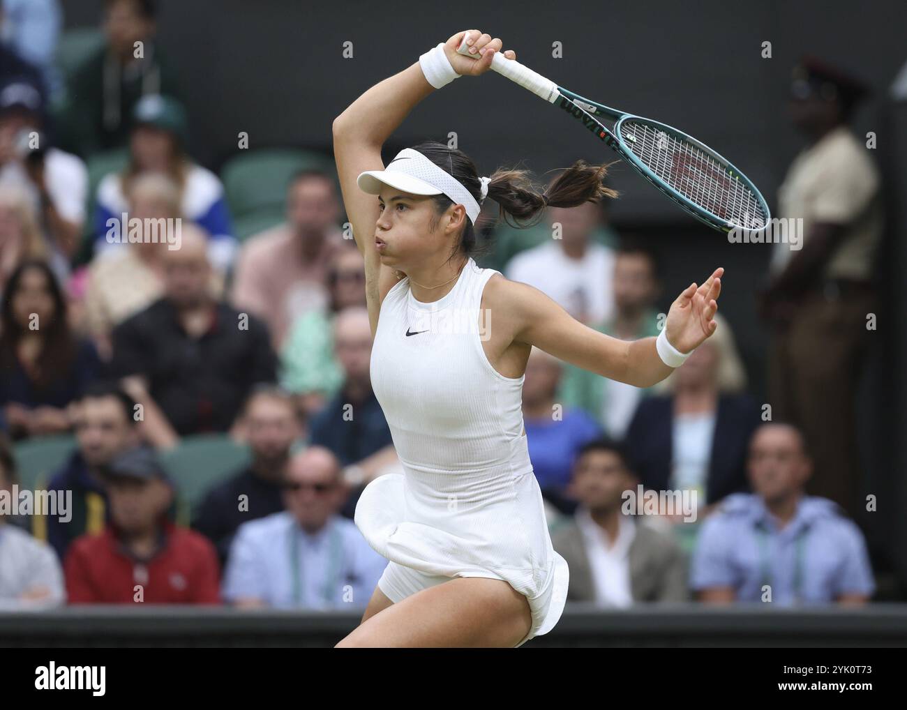 British tennis player Emma Raducanu in action at the 2024 Wimbledon ...