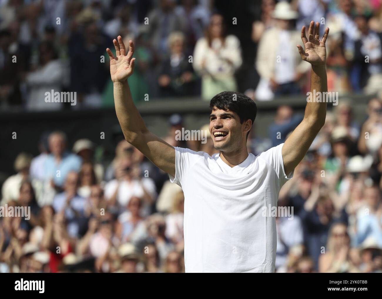 Spanish tennis player Carlos Alcaraz celebrating at the 2024 Wimbledon ...