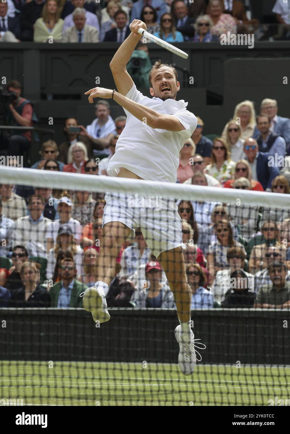 Russian tennis player Daniil Medvedev in action at the 2024 Wimbledon ...
