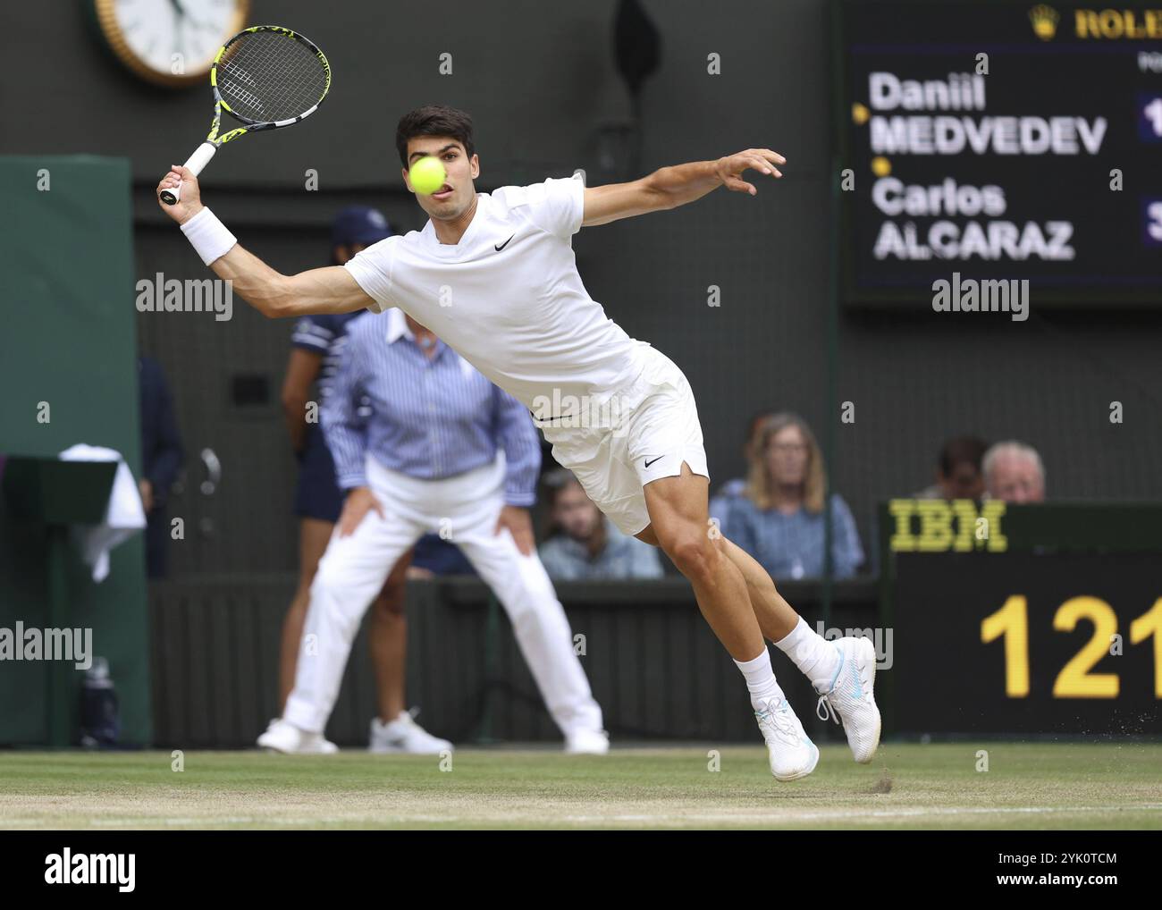 Spanish tennis player Carlos Alcaraz in action at the 2024 Wimbledon ...