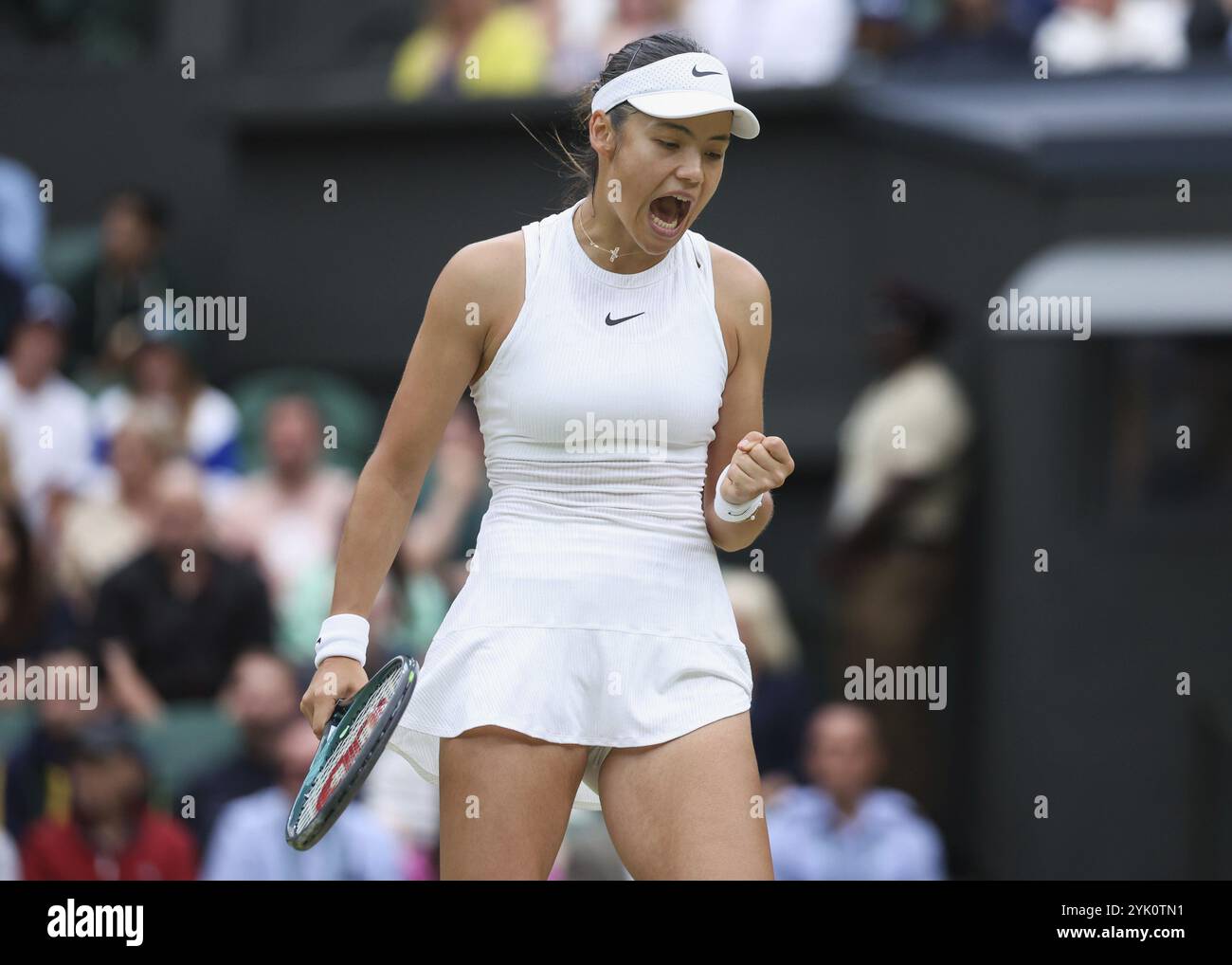 British tennis player Emma Raducanu celebrating at the 2024 Wimbledon ...
