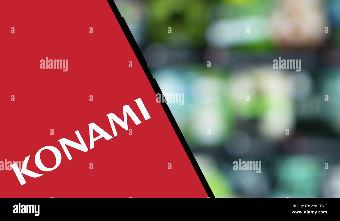 Konami logo is displayed on smartphone. KKonami is a Japanese ...