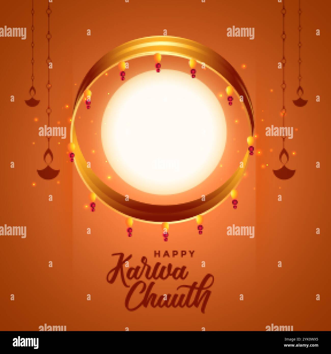 indian karwa chauth festival background with full moon and diya Stock ...
