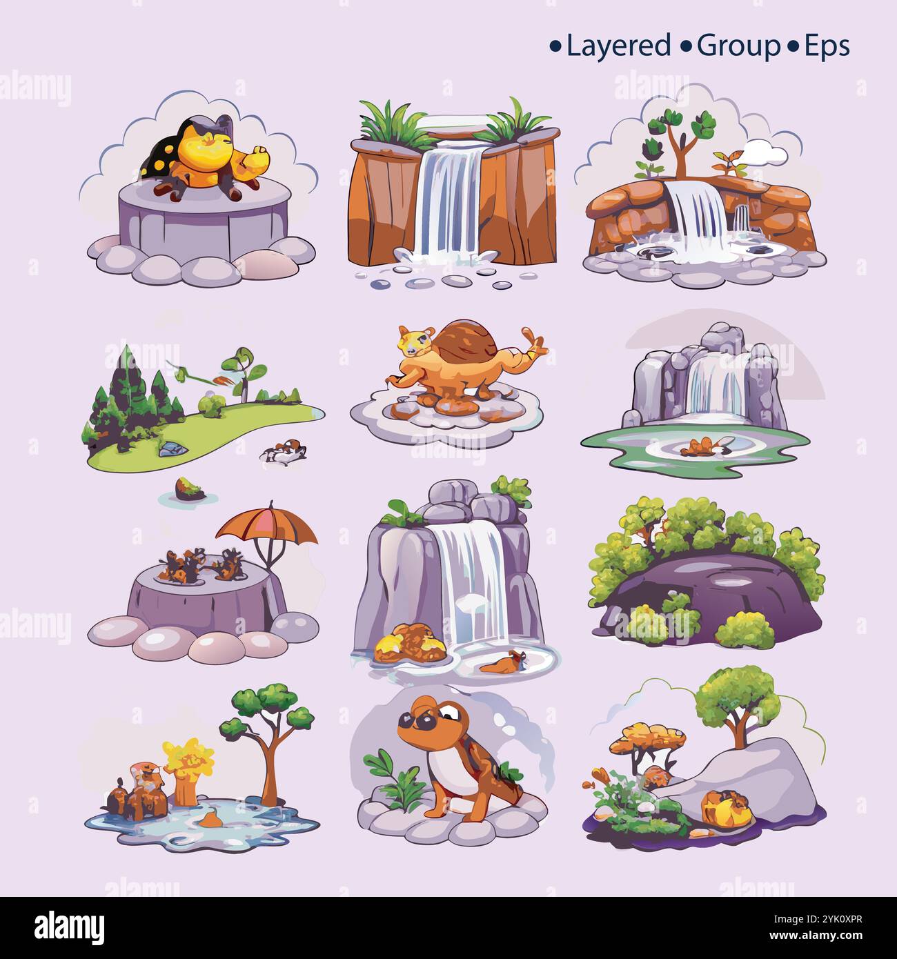 set different types of frog scenery landscape with waterfall and trees ...