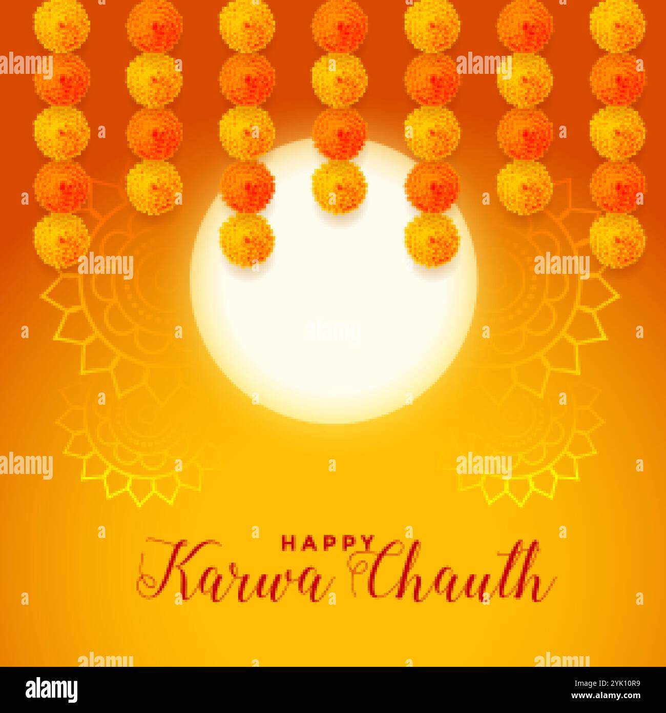 happy karwa chauth festival card with full moon and marigold flower ...