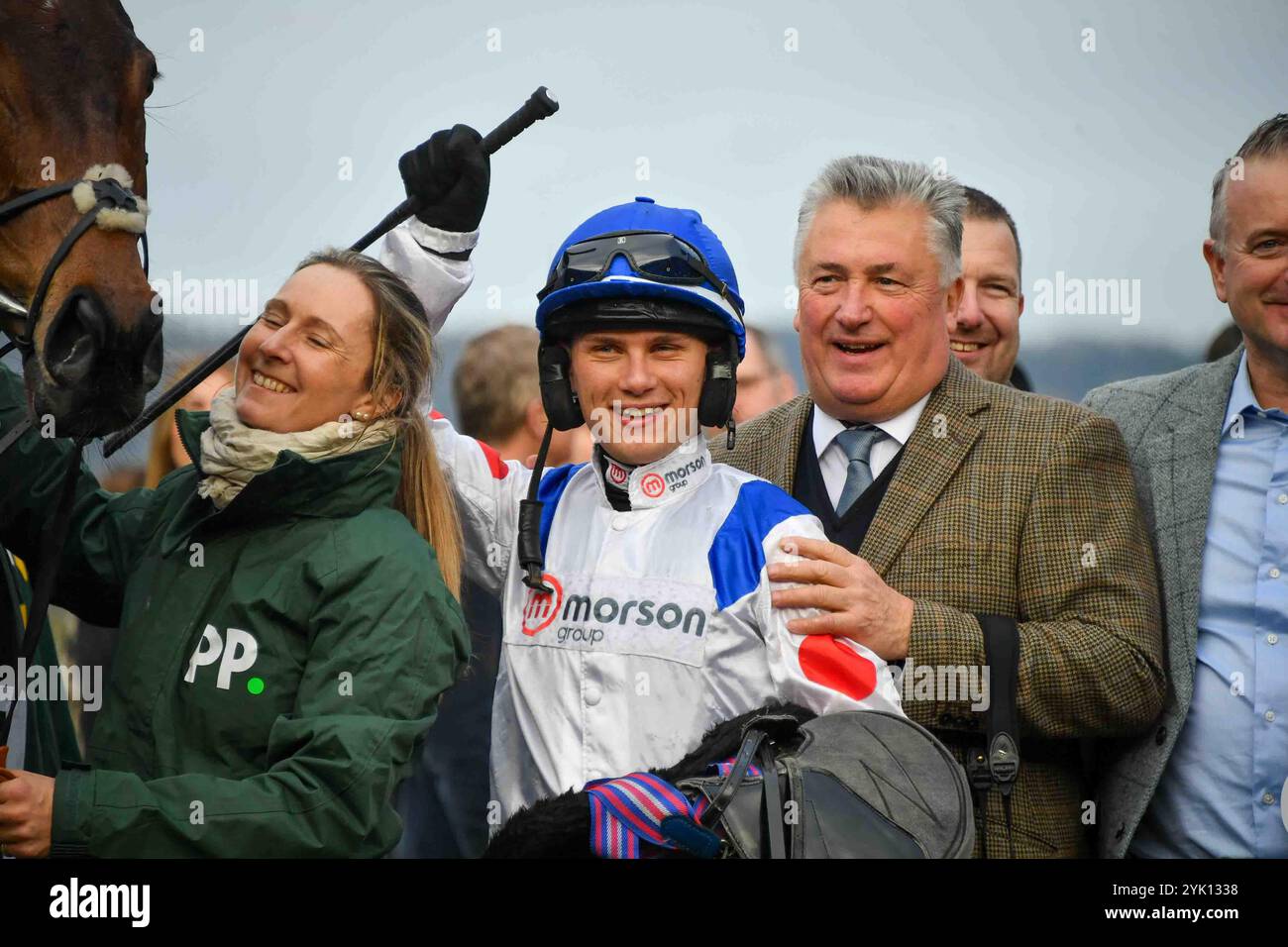 Cheltenham, UK. 16th Nov, 2024. Freddie Gingell (jockey) celebrates ...