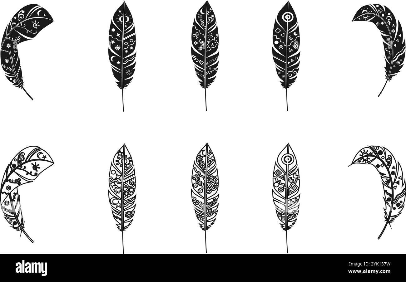 feather icon set with drawn ornament. vector illustration isolated on ...